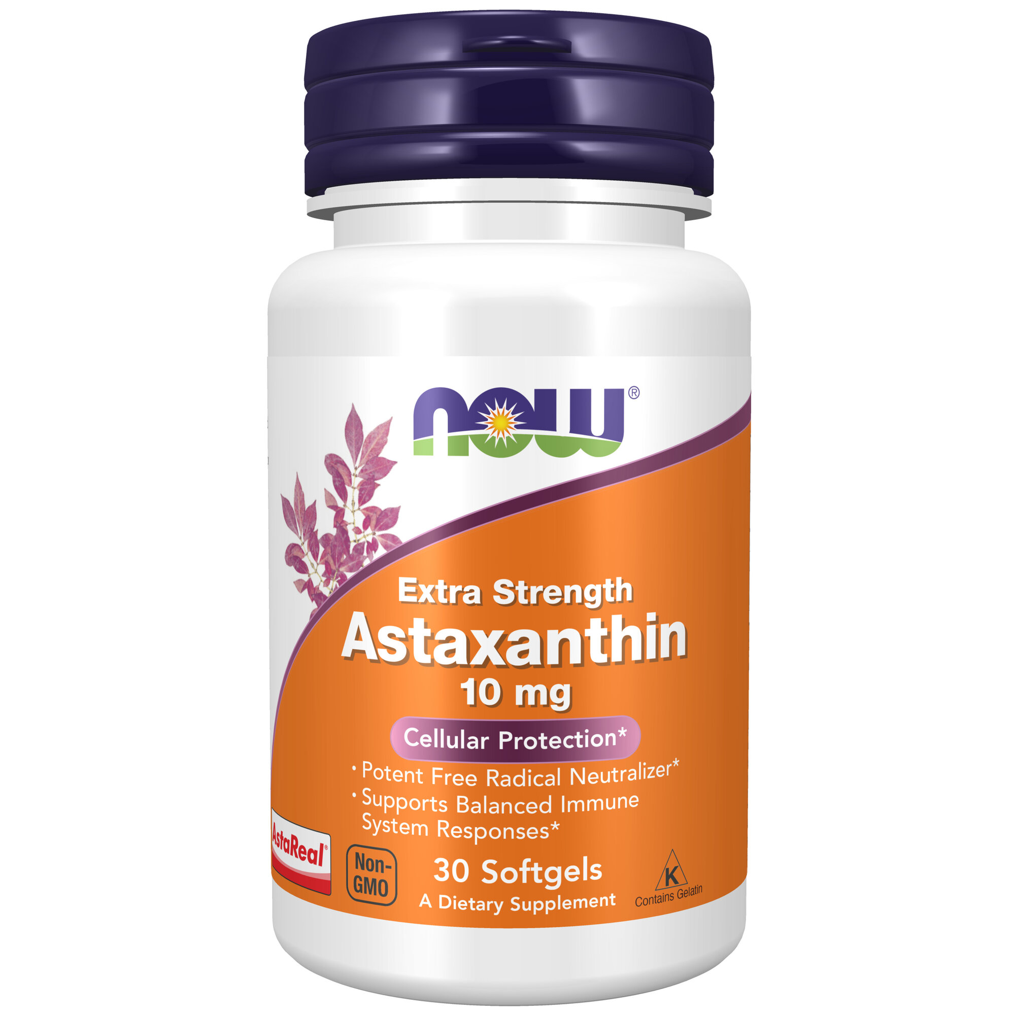NOW Astaxanthin, Астаксантин, 10мг 30 мягких капсул двойной силы, Антиоксидант, Витамины для глаз, для зрения, для мозга