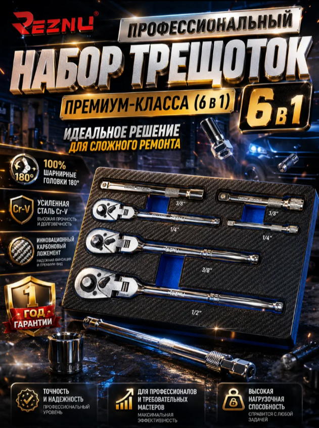 Набор шарнирных трещоток 1/4-1/2, 72 зуба, 6 шт Reznu RN-F1023