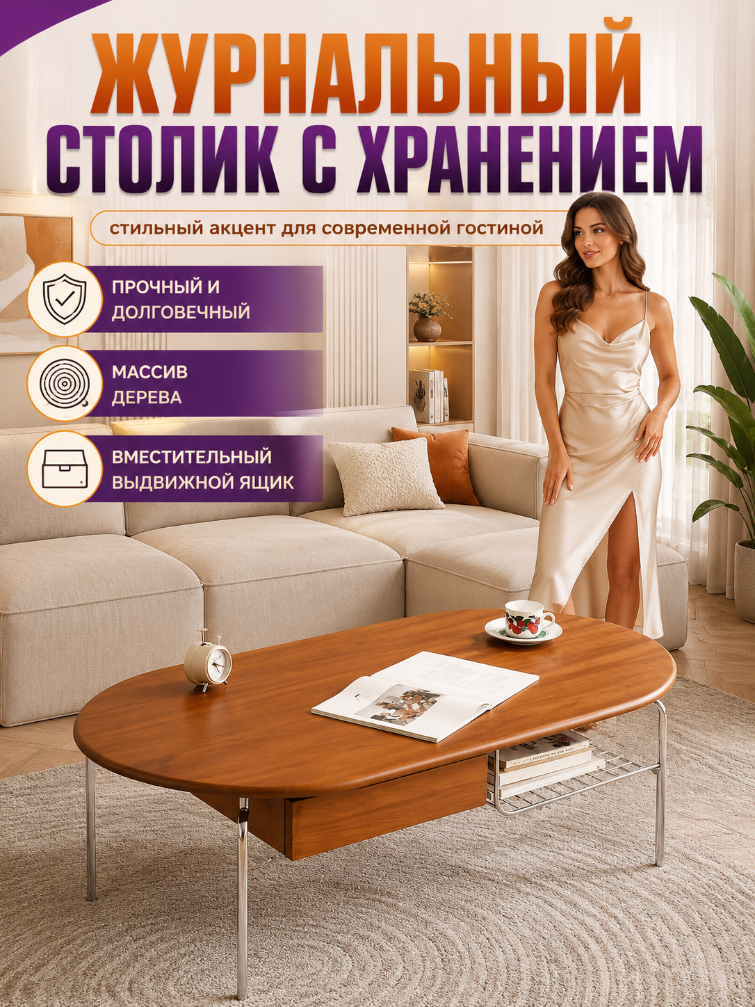 Журнальный столик деревянный с выдвижным ящиком для хранения журналов и мелочей в гостиной дома