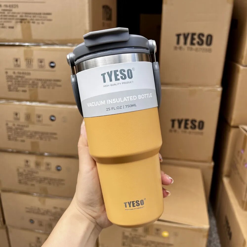 Термокружка TYESO, 0.6 л, нержавеющая сталь, желтый, с кнопкой-клапаном, вакуумная