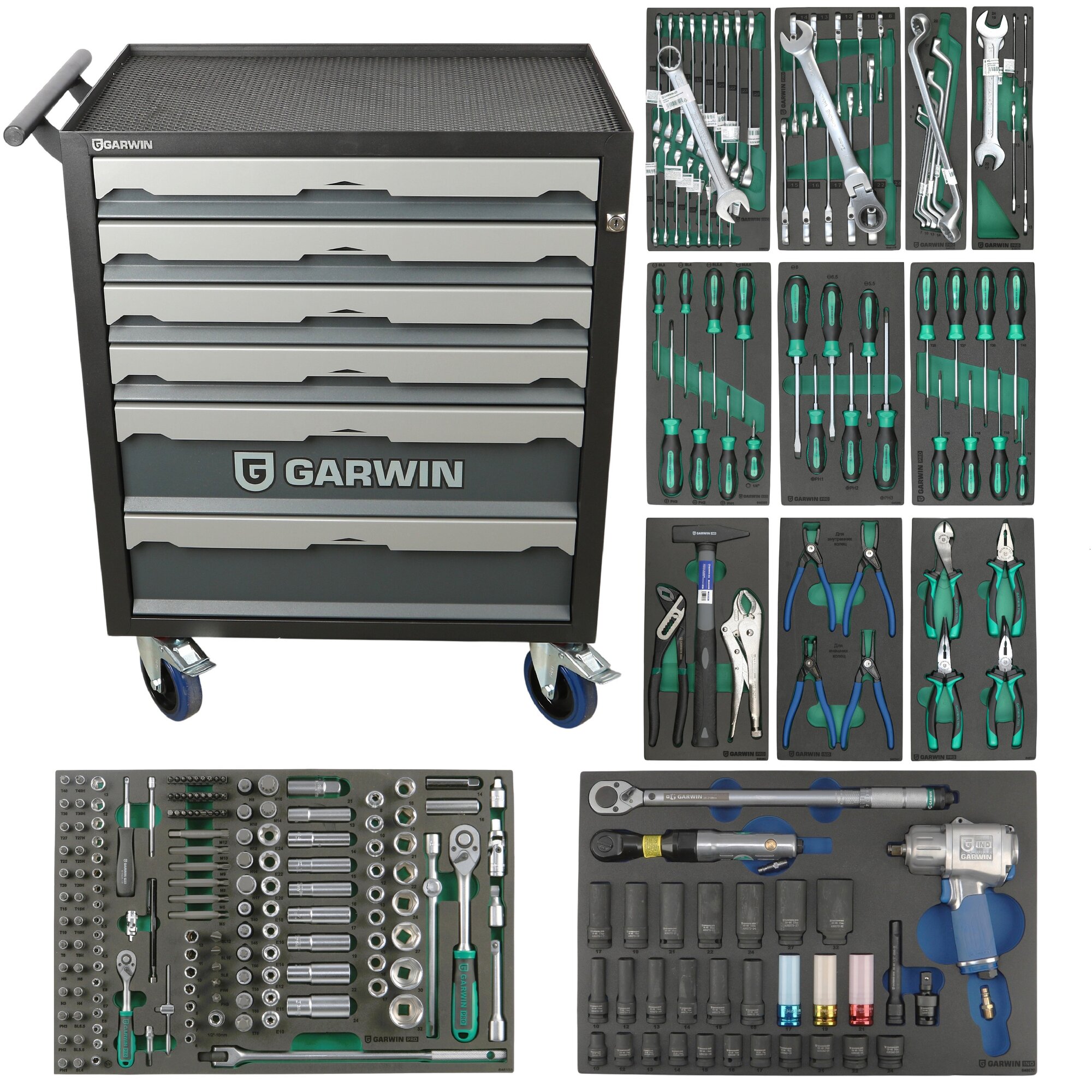 GARWIN PRO S01006-263 Тележка инструментальная 6 полок с комплектом инструмента, 263 пр, серая