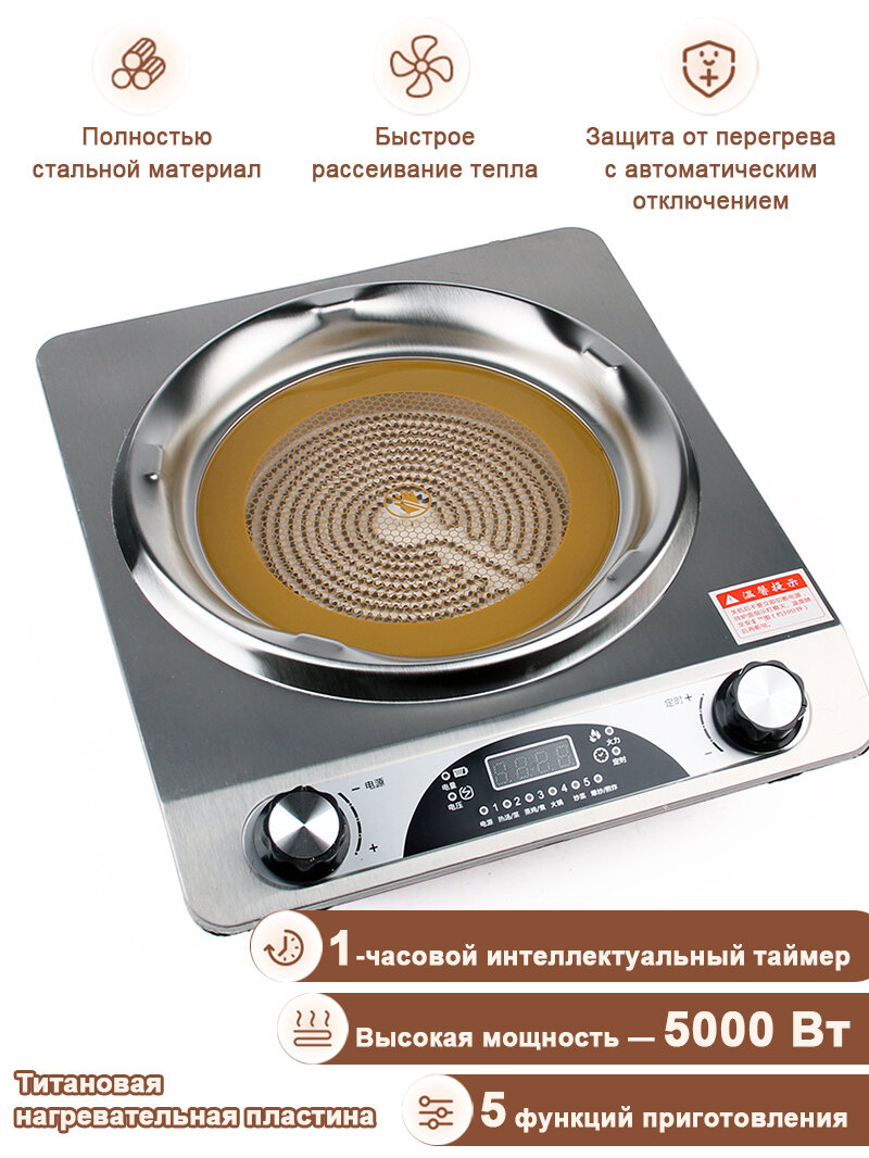 JIQI Инфракрасная настольная плита Электроплита Инфракрасная плита для дома и дачи,5000Вт, безимпульсная, универсальная,1 конфорка,5 автоматических программ, серый металлик
