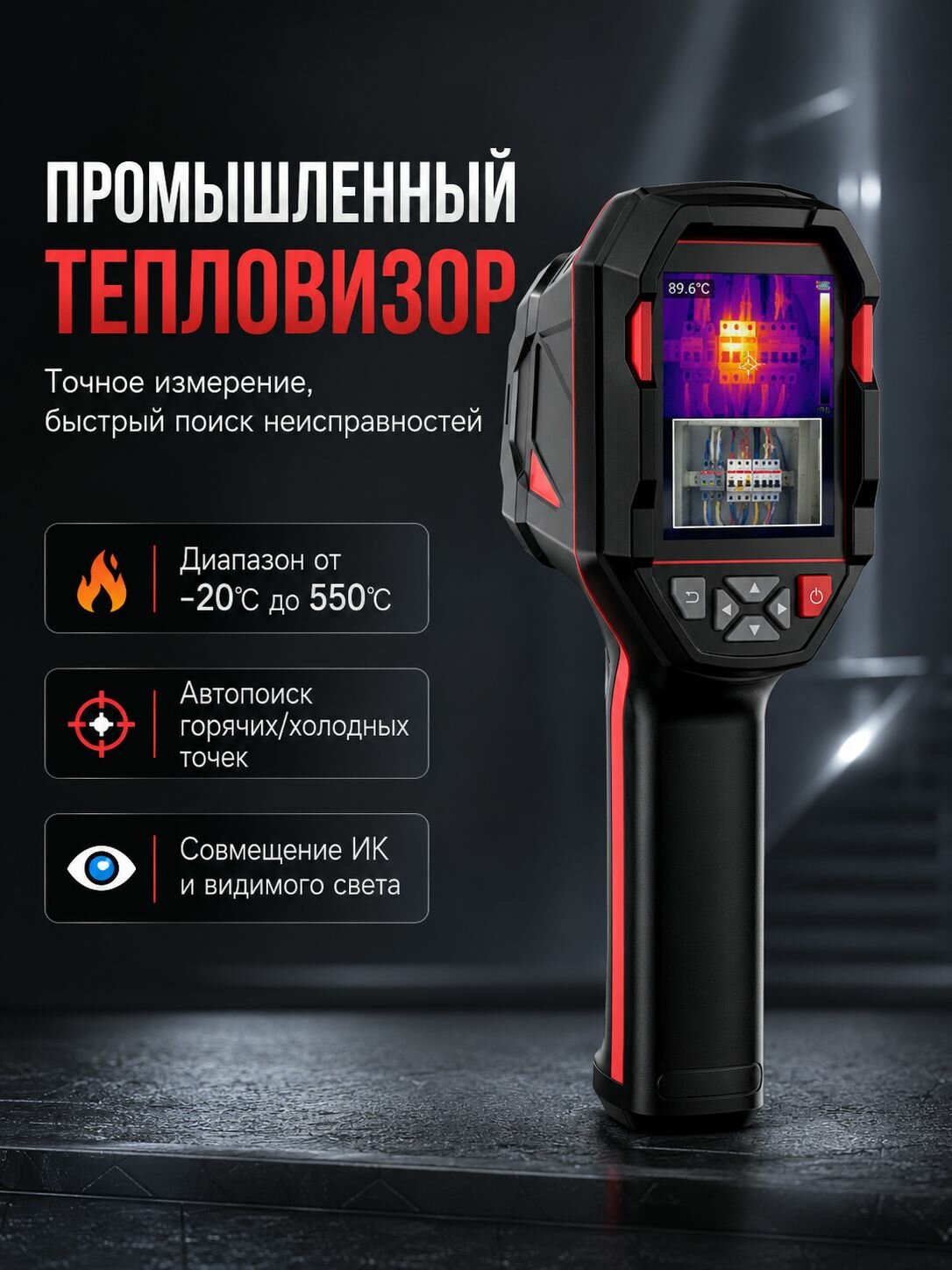 Тепловизор инфракрасный с экраном 2.8 дюйма, диапазон -20550 C, двойное изображение для технического контроля