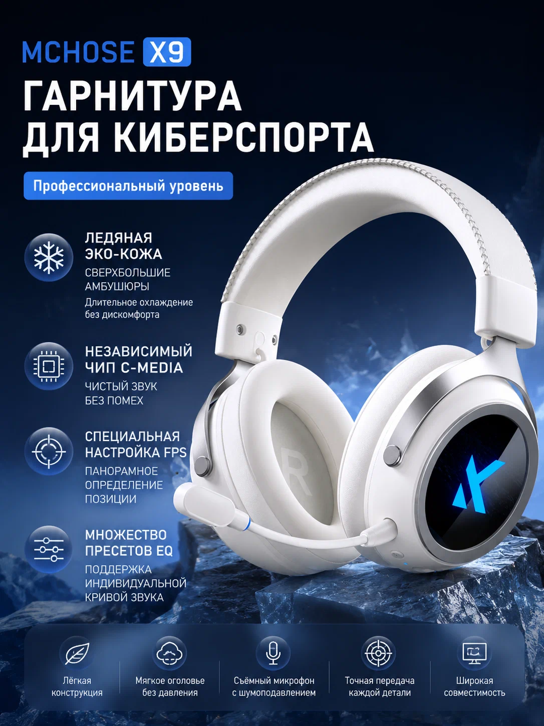 MCHOSE X9 Наушники беспроводные с микрофоном, Bluetooth, Радиоканал, 3.5 мм, WHITE