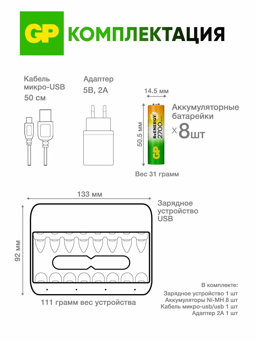 GP Зарядное устройство для аккумуляторных батареек АА и ААА 8 слотов, в комплекте 8 аккумуляторов АА 2600 мАч