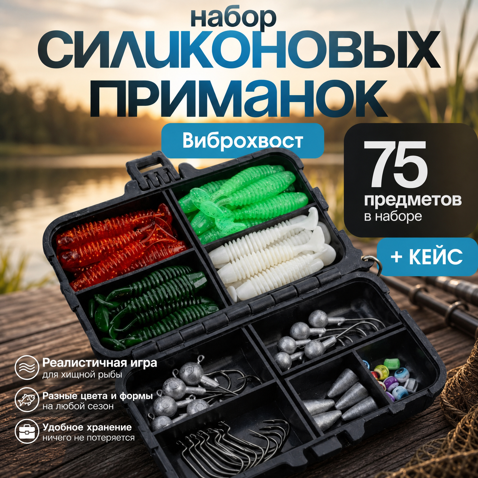 Силиконовый набор приманок / Подарок рыбаку / 75 элементов / Виброхвост набор / Подарочный кейс (Длина: 0.12 м; Цвет товара: черный; Размер приманки, дюймы: 1.8; Размеры, мм: 120x75x45)