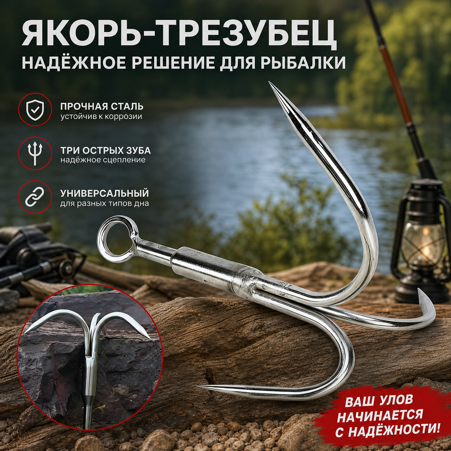 Якорь-трезубец из нержавеющей стали, для очистки дна от водорослей и поиска потерянных снастей, надёжный якорь для рыбалки и подводной охоты (Длина: 180 мм)