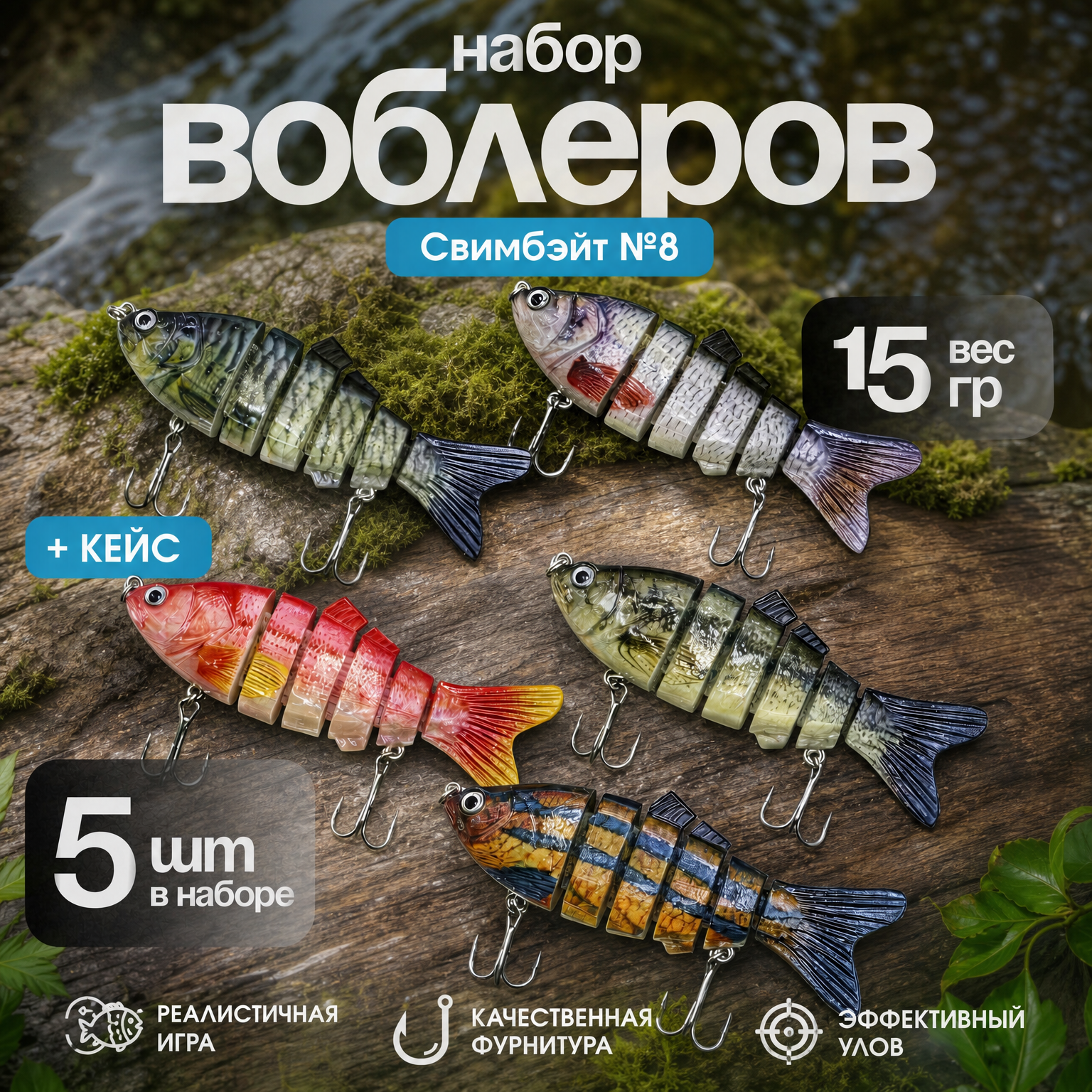 Набор для рыбалки / Воблеры-свимбейты на щуку 5 шт / Снасти с кейсом (Вес: 15 гр; Длина: 100 мм; Цвет: разноцветный)
