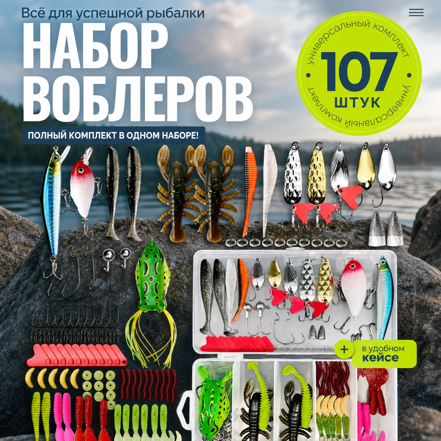 **Универсальный набор для рыбалки 107 предметов: воблеры, блесны, силиконовые приманки с удобным кейсом**