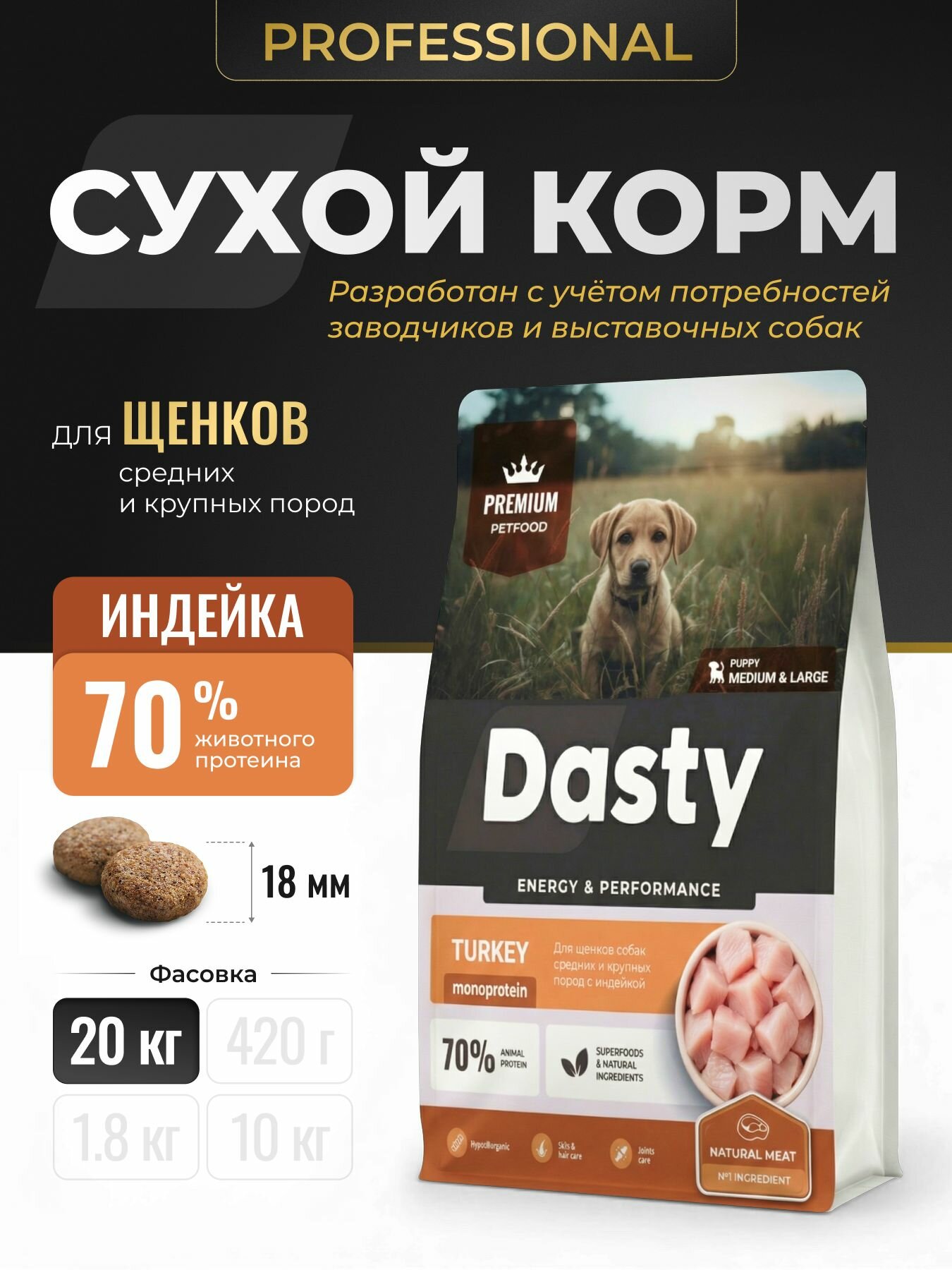 Корм для щенков сухой DASTY Puppy Medium & Large Dogs Turkey индейка 20 кг