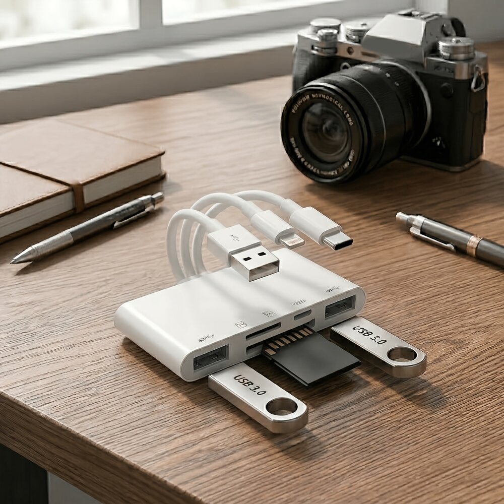 5-в-1 картридер OTG-адаптер с двойным интерфейсом Type-C и USB-A, поддержка SD/Micro SD/TF, для iPhone 16/15, iPad, MacBook, Android, ПК