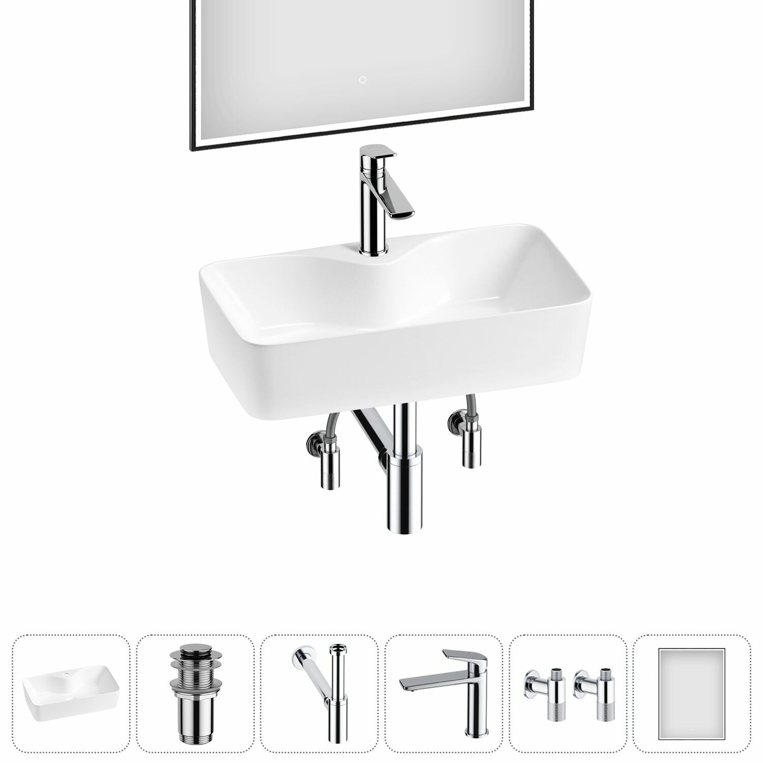 Узкая раковина накладная для ванной Lavinia Boho Sink 20219353R в наборе 6 в 1: раковина 54 см (белый глянец), донный клапан, сифон, смеситель, вентили, зеркало (цвет набора хром)