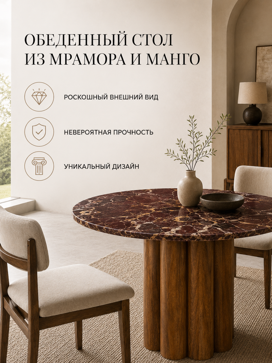 Стол кухонный круглый из массива дерева и мрамора, стол обеденный на кухню, дерево манго и мрамор