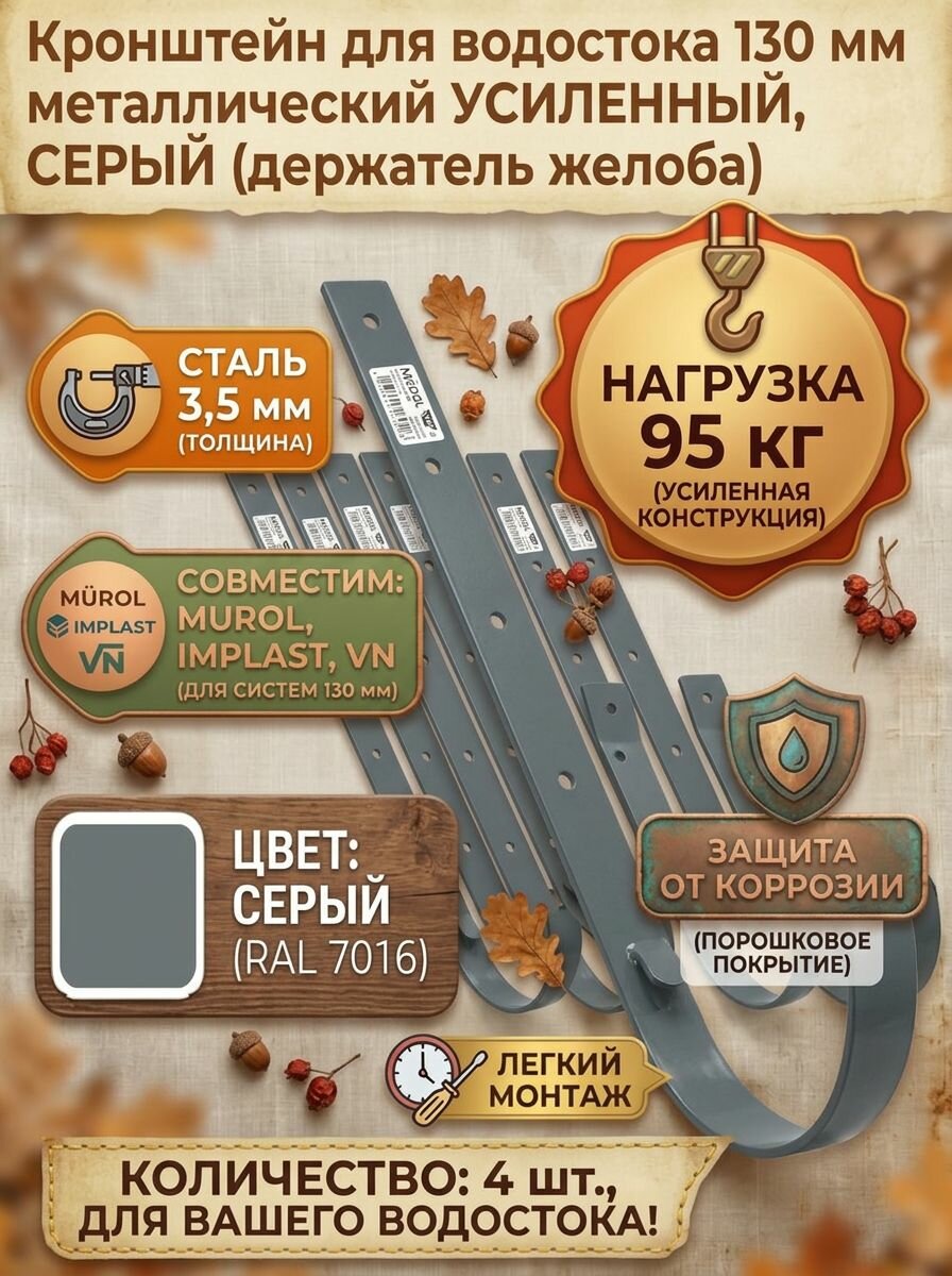 Металлический кронштейн для желоба 130 мм водосточной системы G130/80, серый, 4 шт.