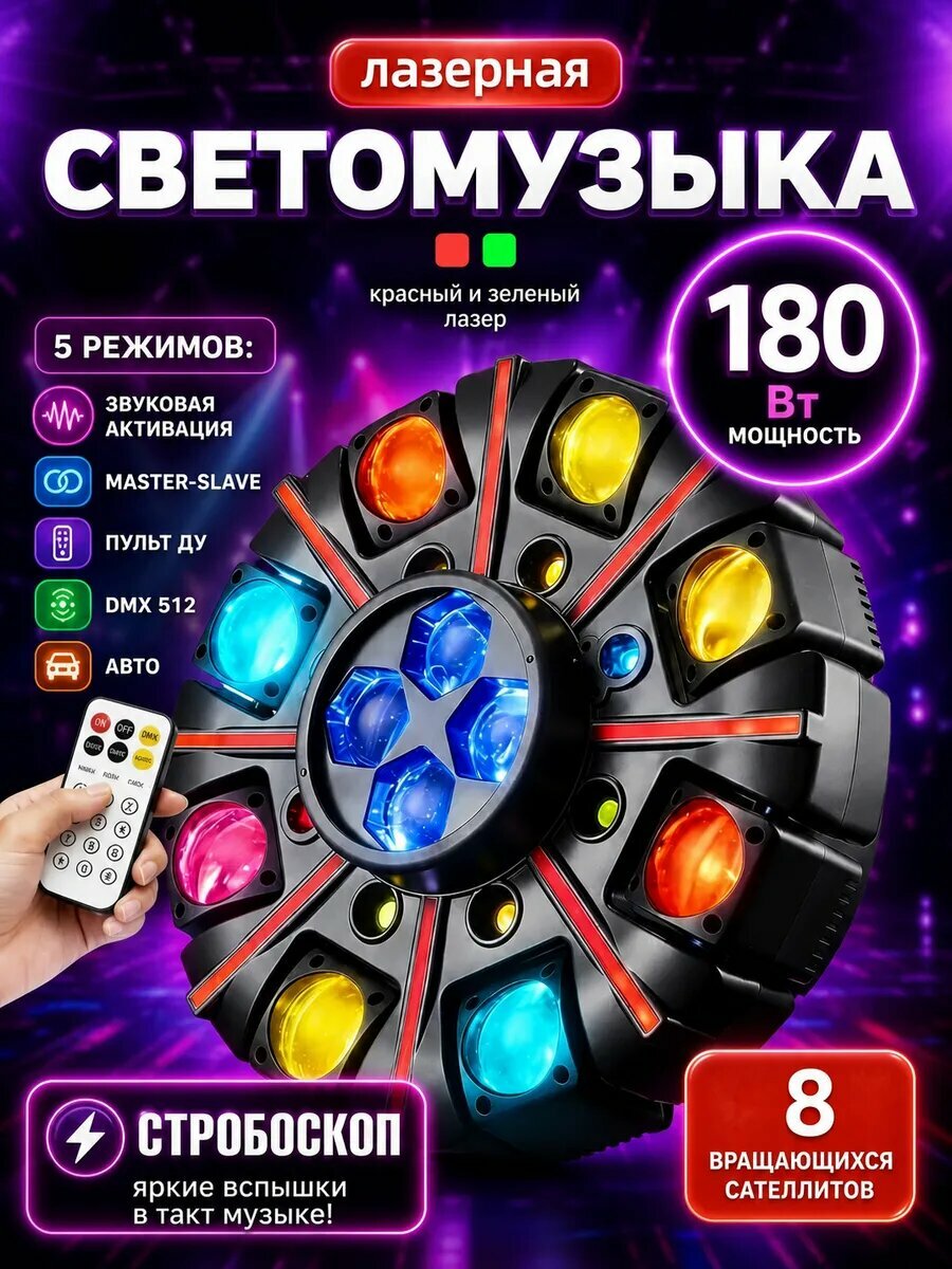 Светомузыка 8-сателлитная, с лазерными лучами, со стробоскопом и эффектом "Пчелиный глаз"
