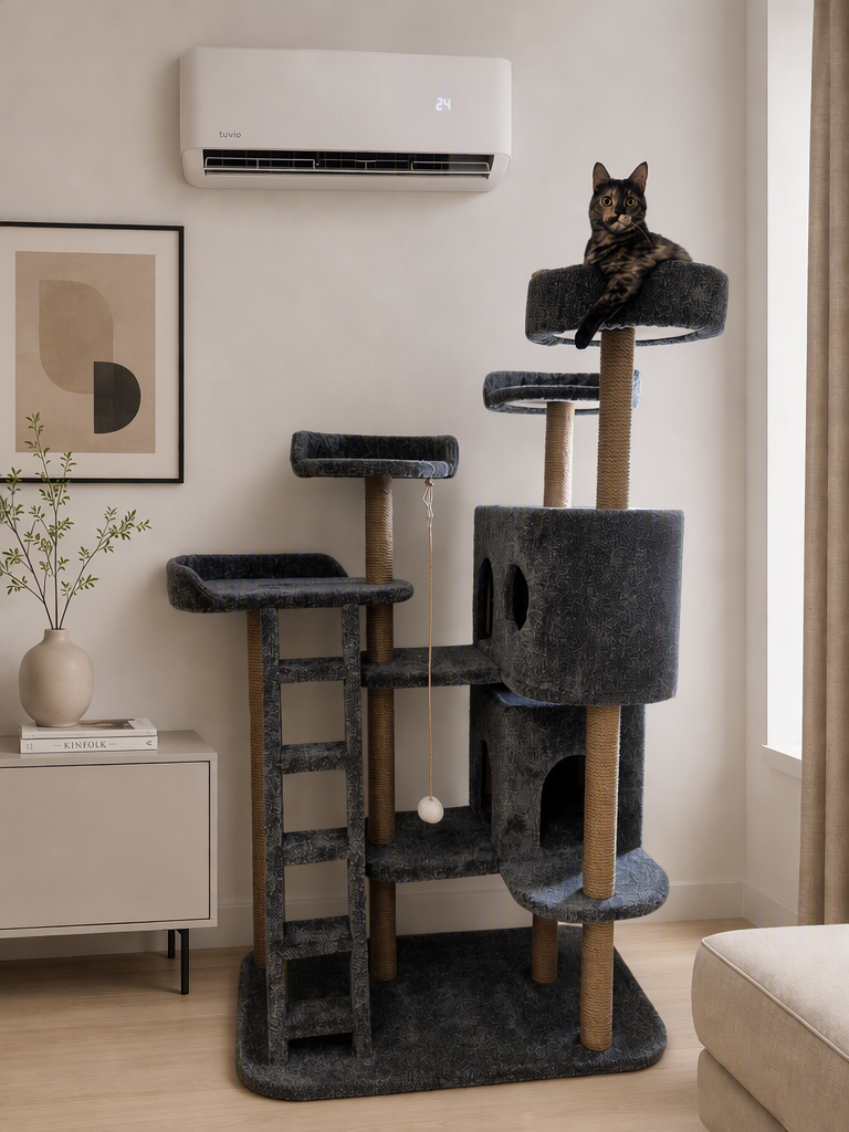 Игровой комплекс для кошек, Моя Котя, 2 домика и 4 лежанки, "Змей Горыныч", ковролин темно-серый и джутовый канат