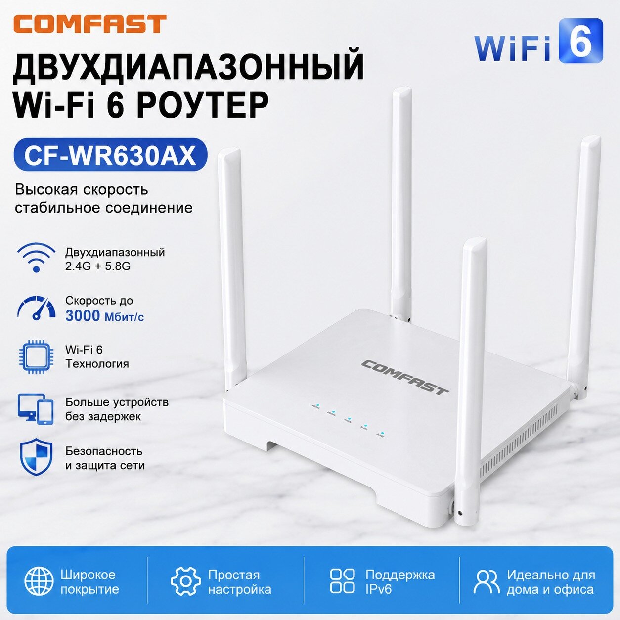 Wi-Fi роутер COMFAST AX3000 Wireless MESH Router WiFi6 (CF-WR630AX), Поддержка системы с открытым исходным кодом OpenWRT (Цвет товара: wr630ax; Ширина: 160 мм; Высота: 168 мм)