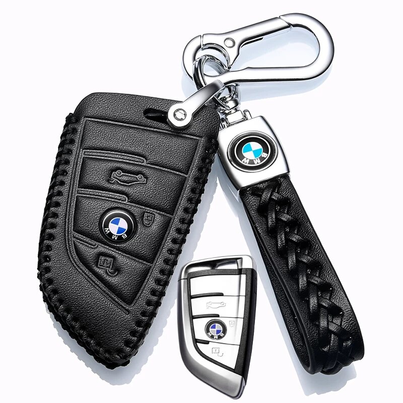 BMW Кожаный чехол для ключа для 5-й серии 3-й серии X1 X3 i3 X5, стиль A, черный, ремешок, нож 3-кнопочный