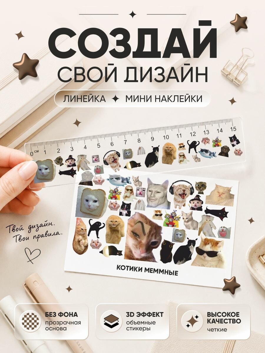 Линейка 15 см и мини наклейки мемные котики
