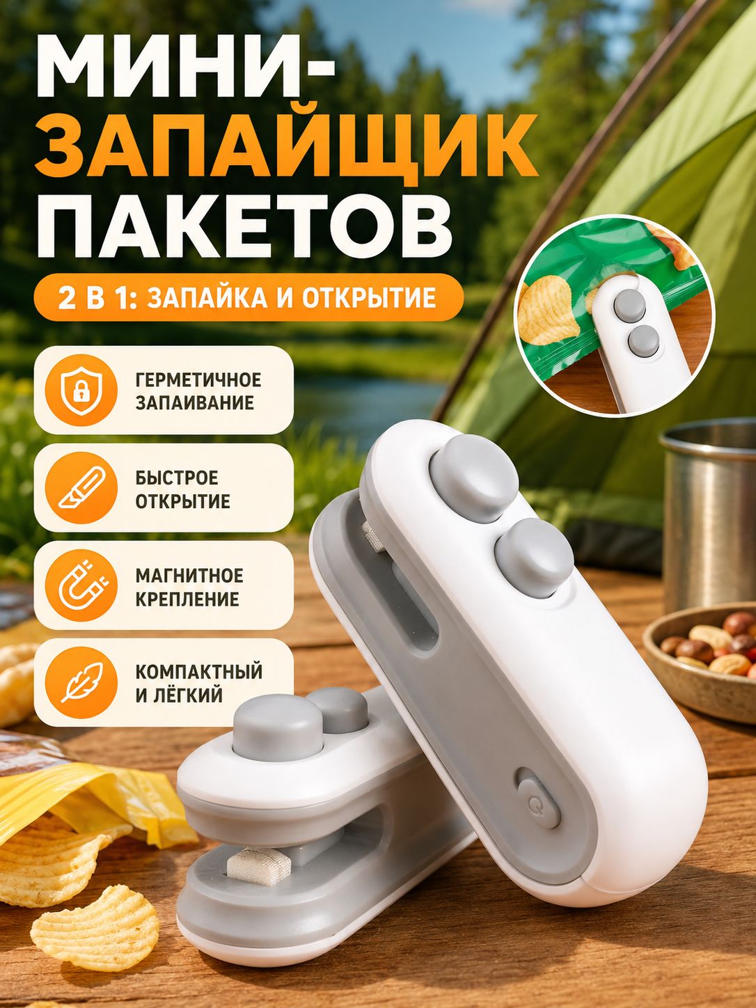 Запайщик пакетов портативный для продуктов, запаиватель пакетов ручной с ножом, упаковщик 2в1, на магните,