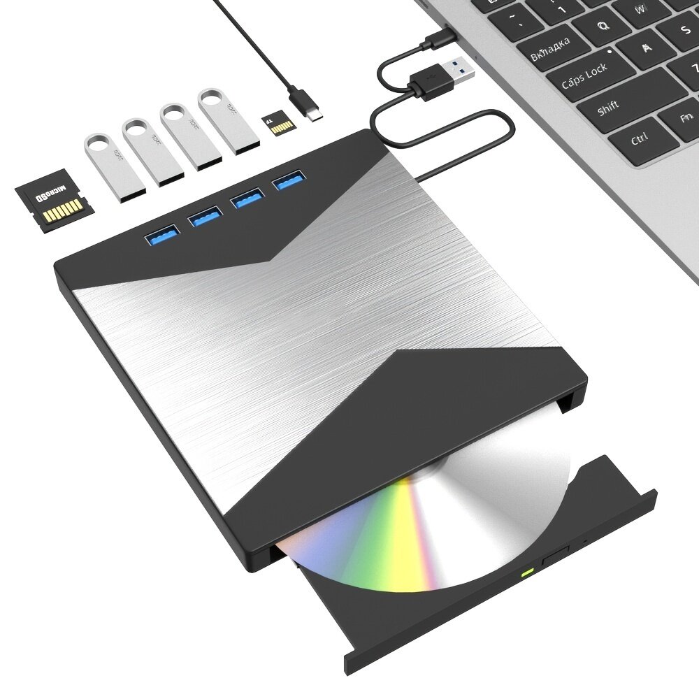 Внешний DVD-привод 7-в-1 с USB 3.0 и Type-C, портативный CD/DVD +/-RW привод, 7-портовый USB-хаб 3.0/2.0, SD/TF картридер, для Windows 7/8/10/XP, Linux, MacOS, модель 7 In 1