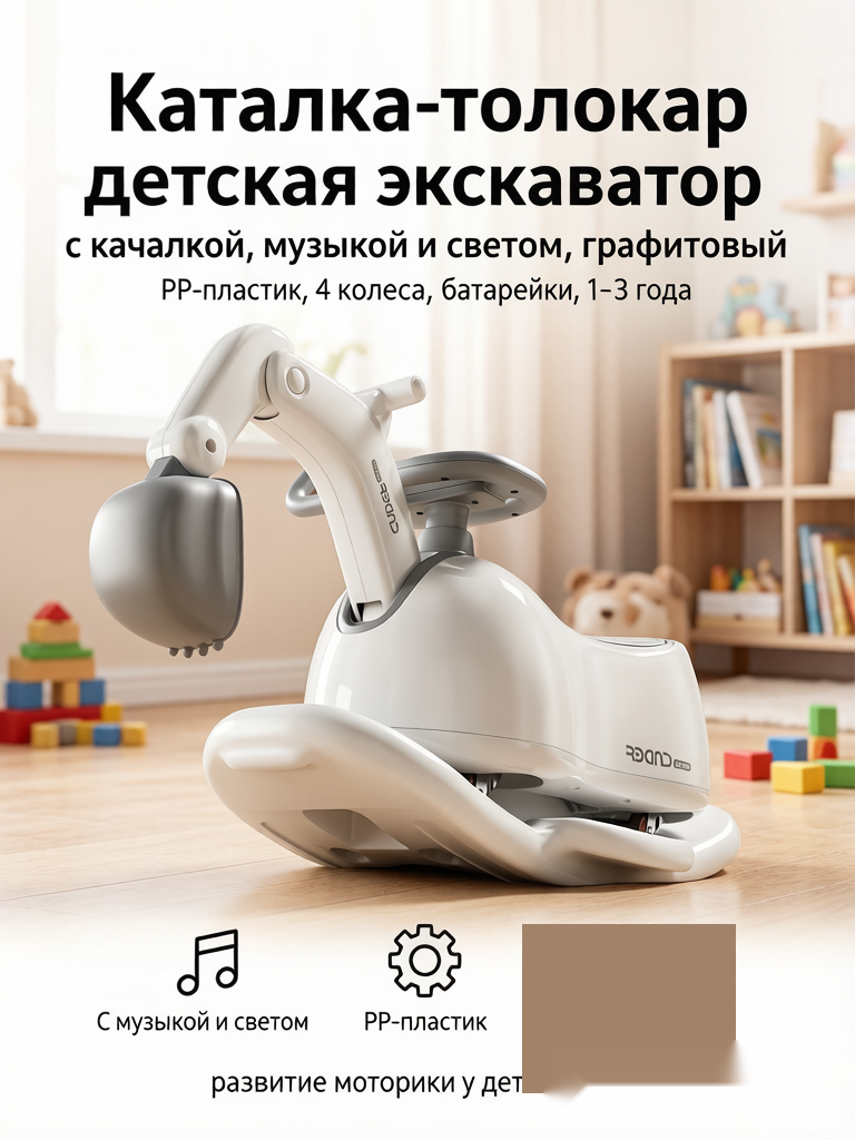 Каталка-толокар детская экскаватор с качалкой, музыкой и светом, графитовый, 47×27×30 см
