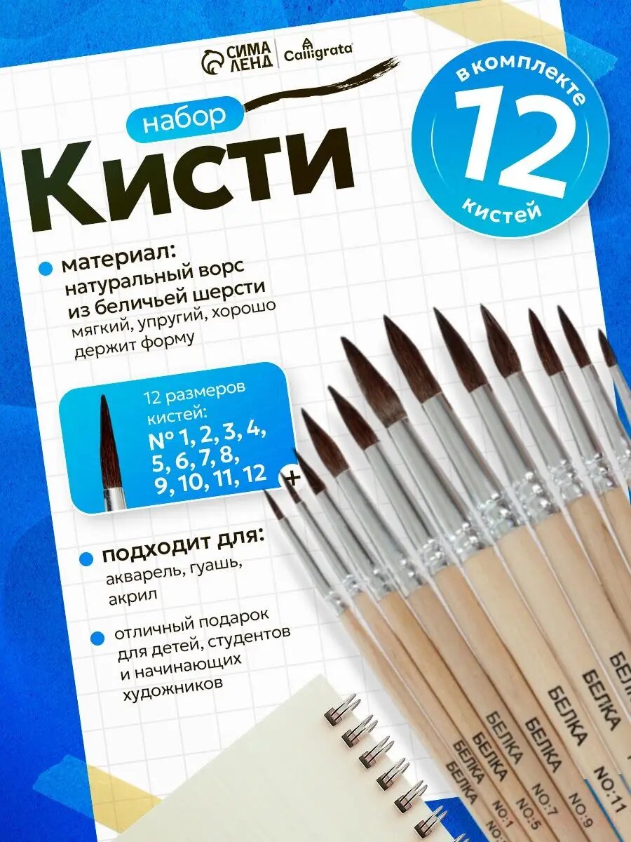 Кисточки для рисования белка 12 штук (№1-12), круглые