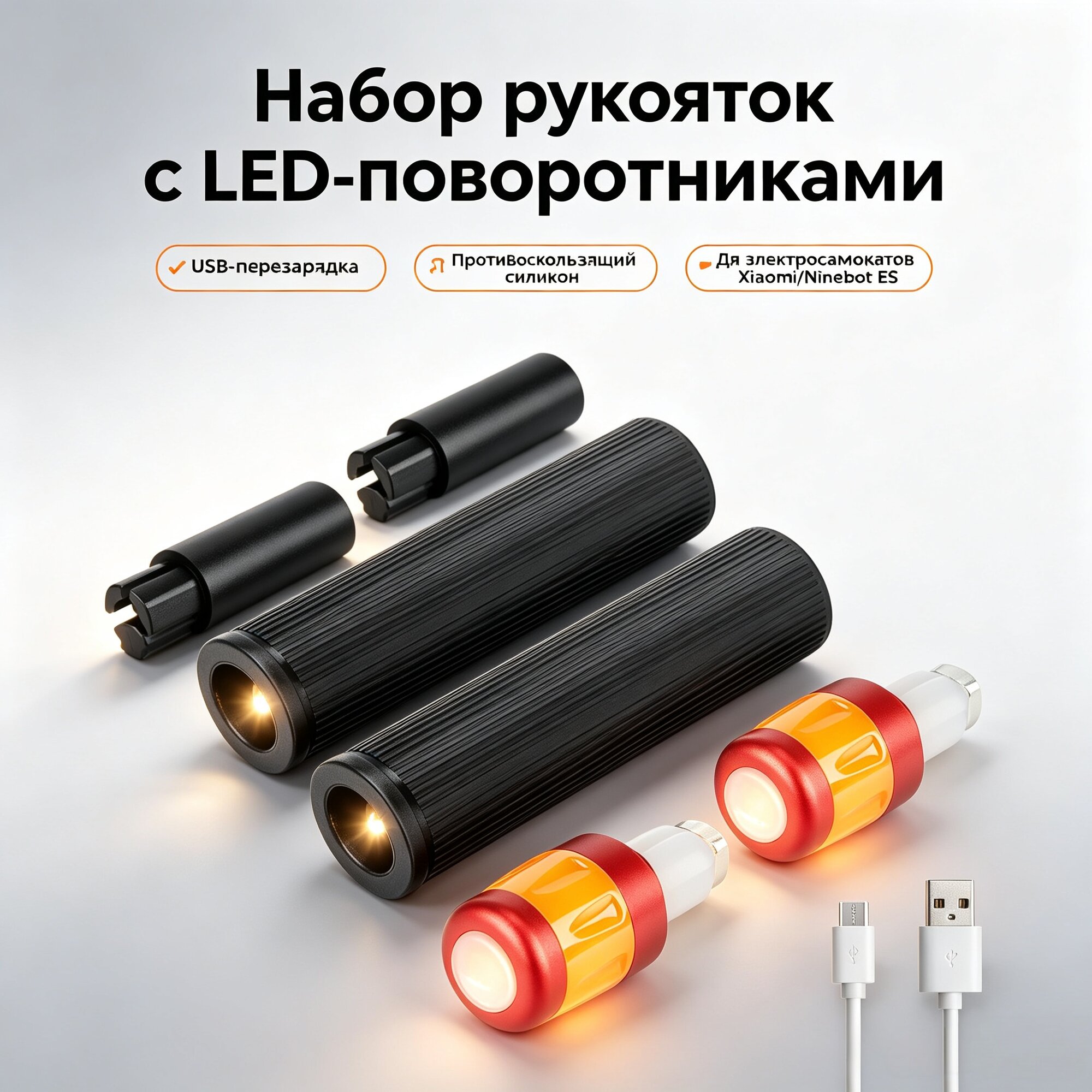 Удлинитель ручки Ulip со светодиодными поворотниками для Xiaomi и Ninebot ES, USB-зарядка, силиконовая ручка