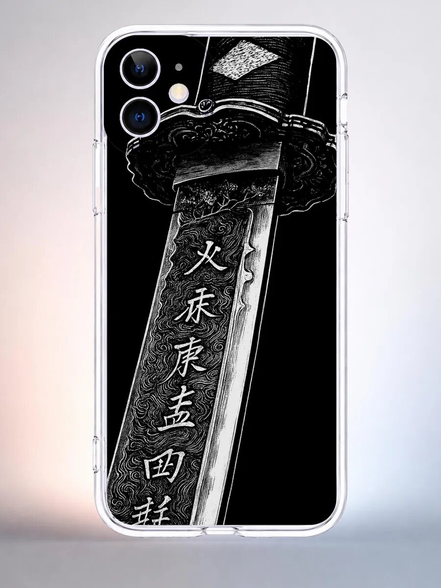 Чехол iPhone 11 катана с иероглифами силиконовый