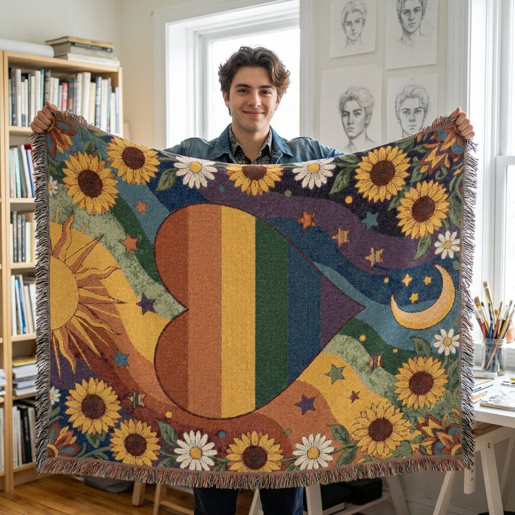 Настенное панно в бохо стиле с подсолнухами, солнце и луна, 150x203 см, текстиль
