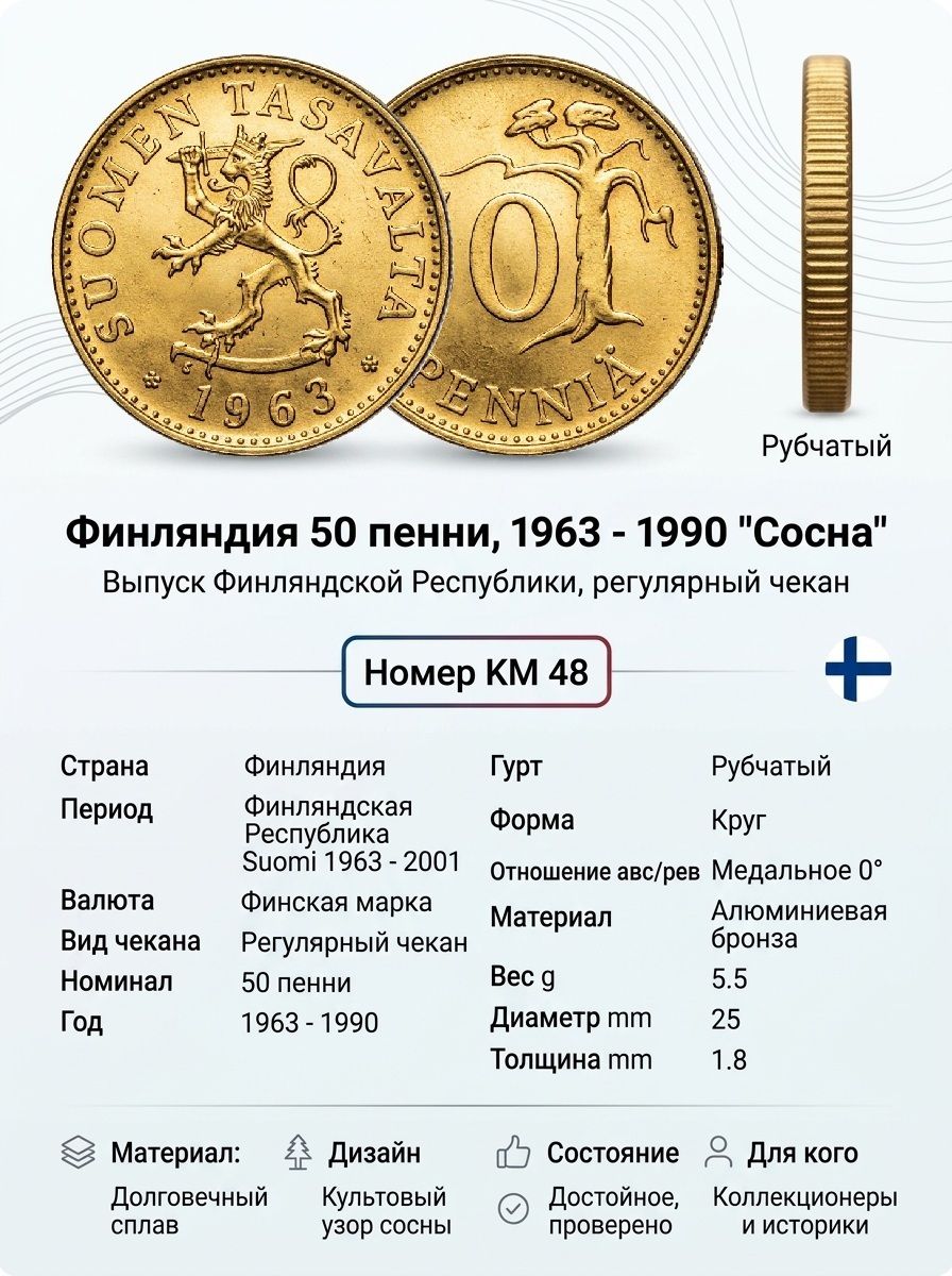 Финляндия 50 пенни, 1963 Сосна XF