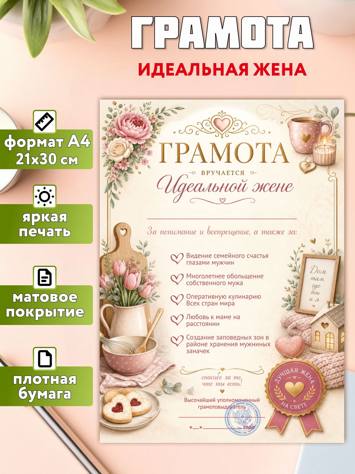 Грамота открытка Идеальная жена А4- подарок жене на день рождения, годовщину