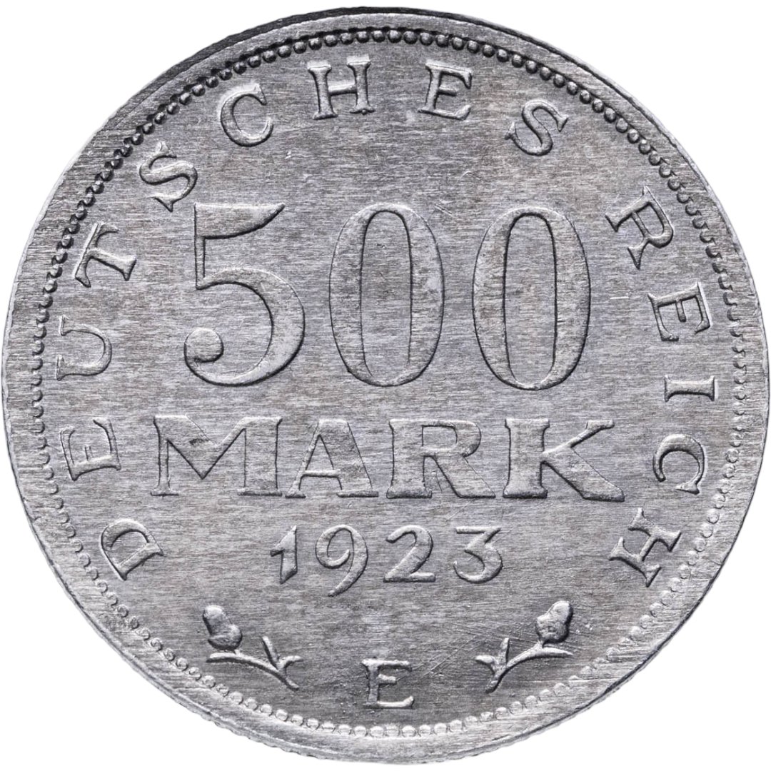 Германия 500 марок mark 1923, знак монетного двора "E" — Мульденхюттен, Алюминий, в сохранности UNC