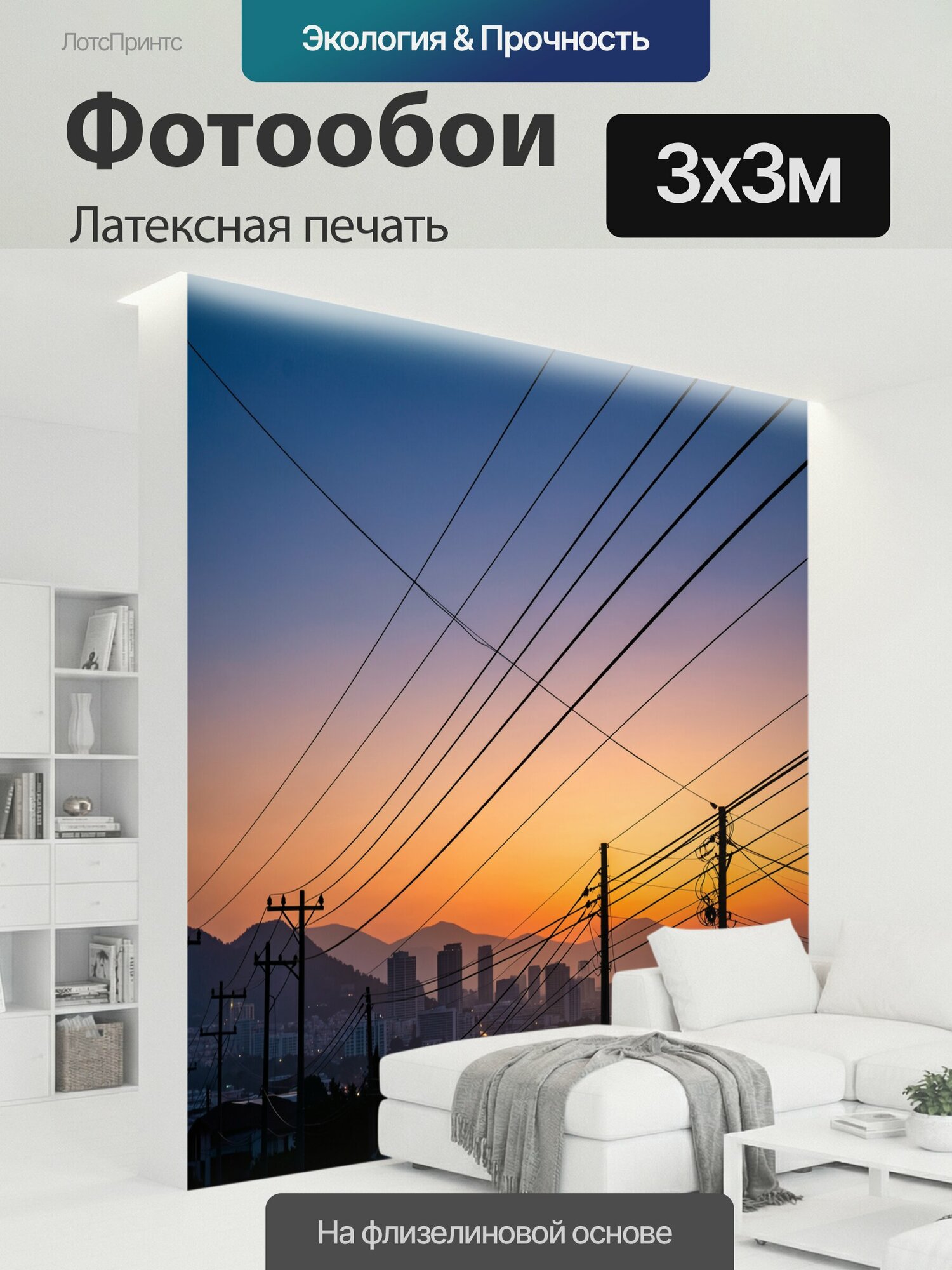 Фотообои моющиеся ударопрочные "Город и линии электропередач. Силуэт ночного мегаполиса на закате: горы на горизонте, много тонких проводов и." 300x300 см. латексная печать