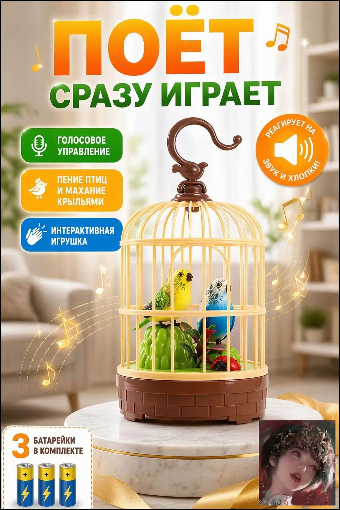 Интерактивная поющая птичья клетка для детей с датчиком звука и хлопка, реагирует на голос, в комплекте батарейки