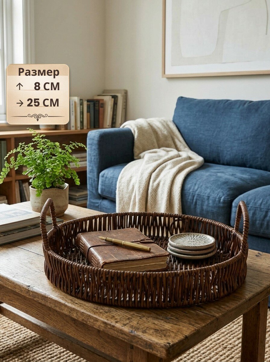 Поднос круглый плетёный 25х25х8 см коричневый