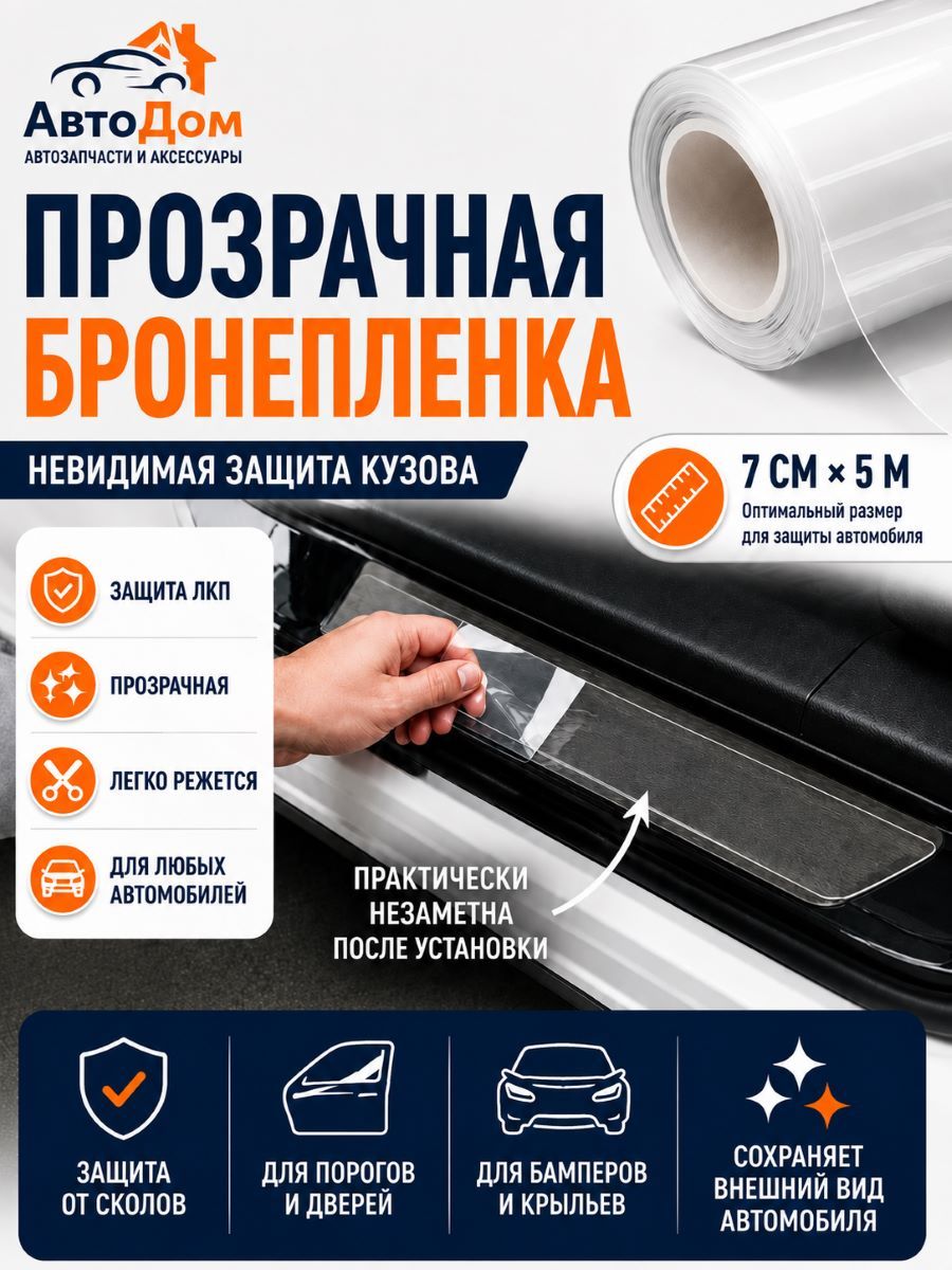 Бронепленка ПВХ прозрачная 7см х 5м самоклеящаяся для автомобиля, антигравийная защитная пленка для порогов, дверей
