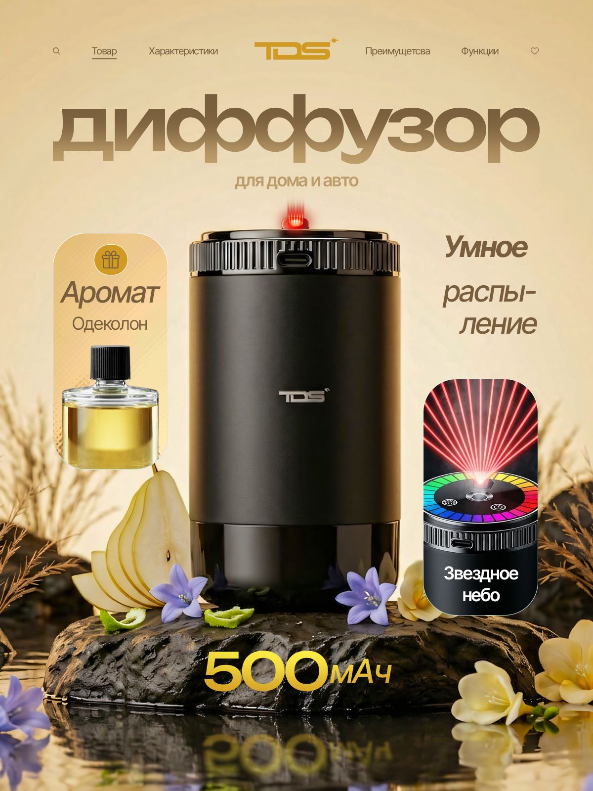 Автомобильный аромадиффузор, ароматизатор воздуха Одеколон для авто ультразвуковой с подсветкой 50 мл Type-C TDS TS-CAA73