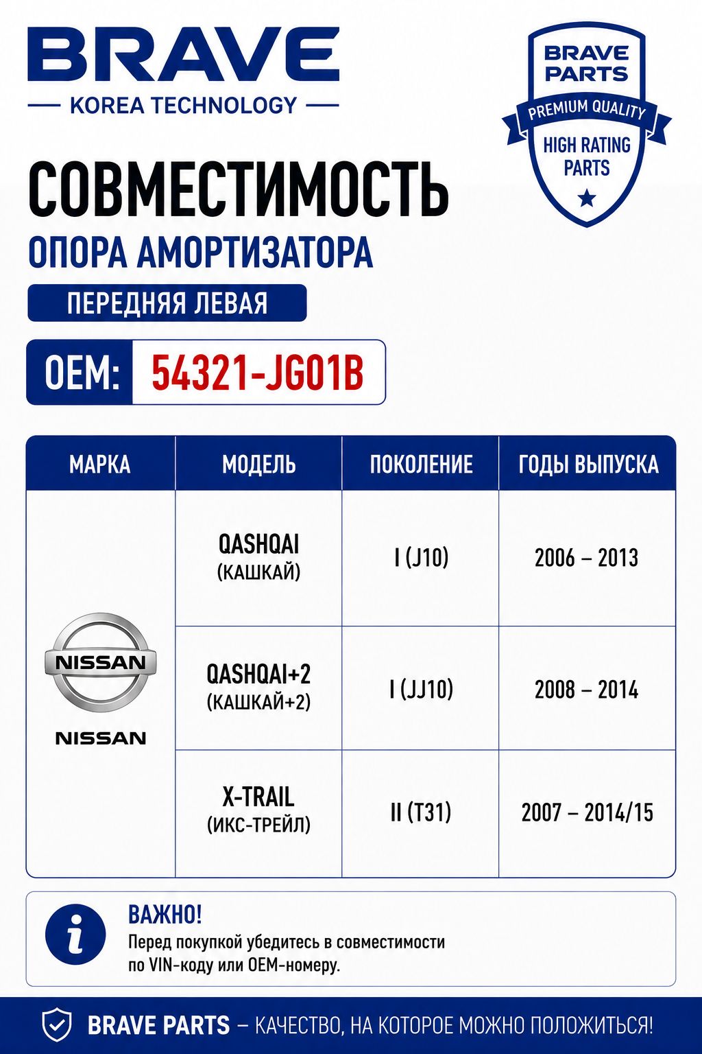 Опора переднего амортизатора левая 54321-JG01B Ниссан Кашкай Nissan Qashqai J10, Х-Трейл X-Trail — фото 1