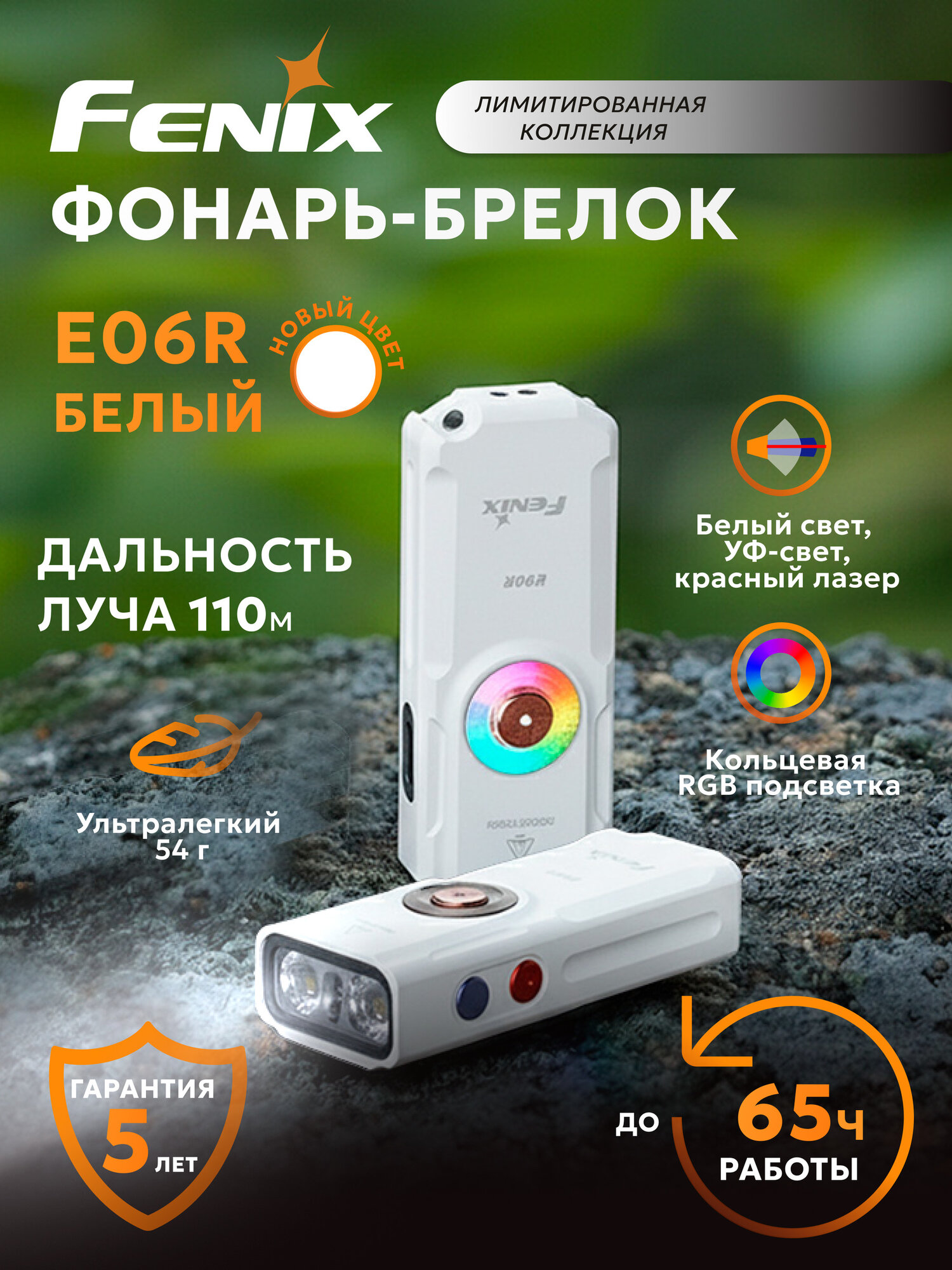 EDC Фонарь-брелок Fenix E06R белый