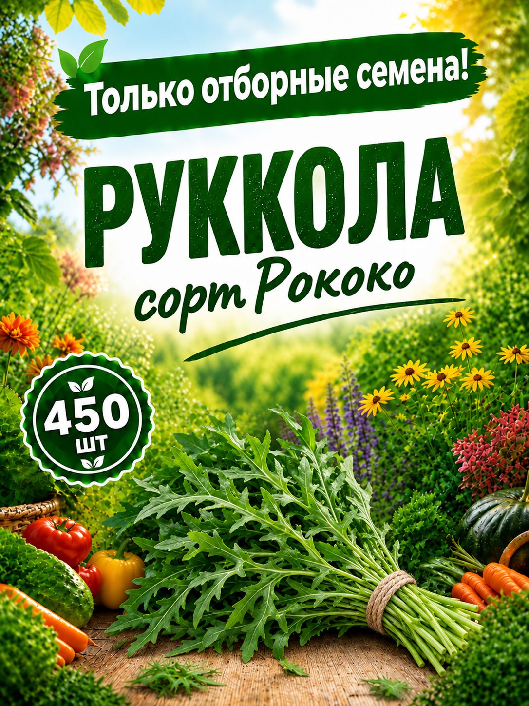 Руккола Рококо - раннеспелый широколистный сорт. Дуболистные листья с орехово-горчичным вкусом, сильная ароматичность. Подходит для открыт
