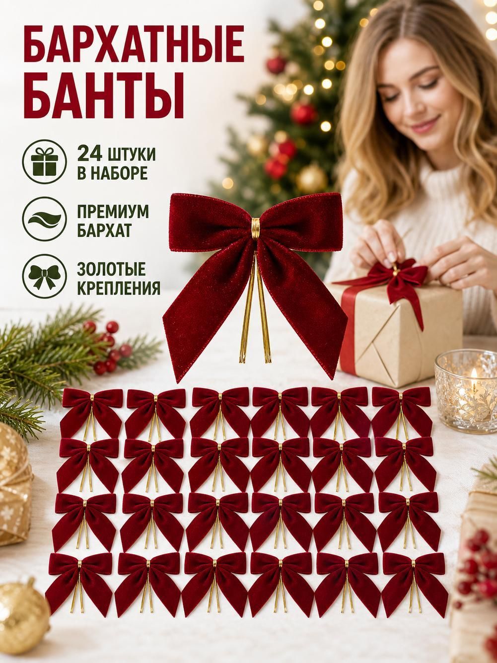 Елочные игрушки (новогоднее украшение) для декора набор Бантики, 24 шт,9х9 см