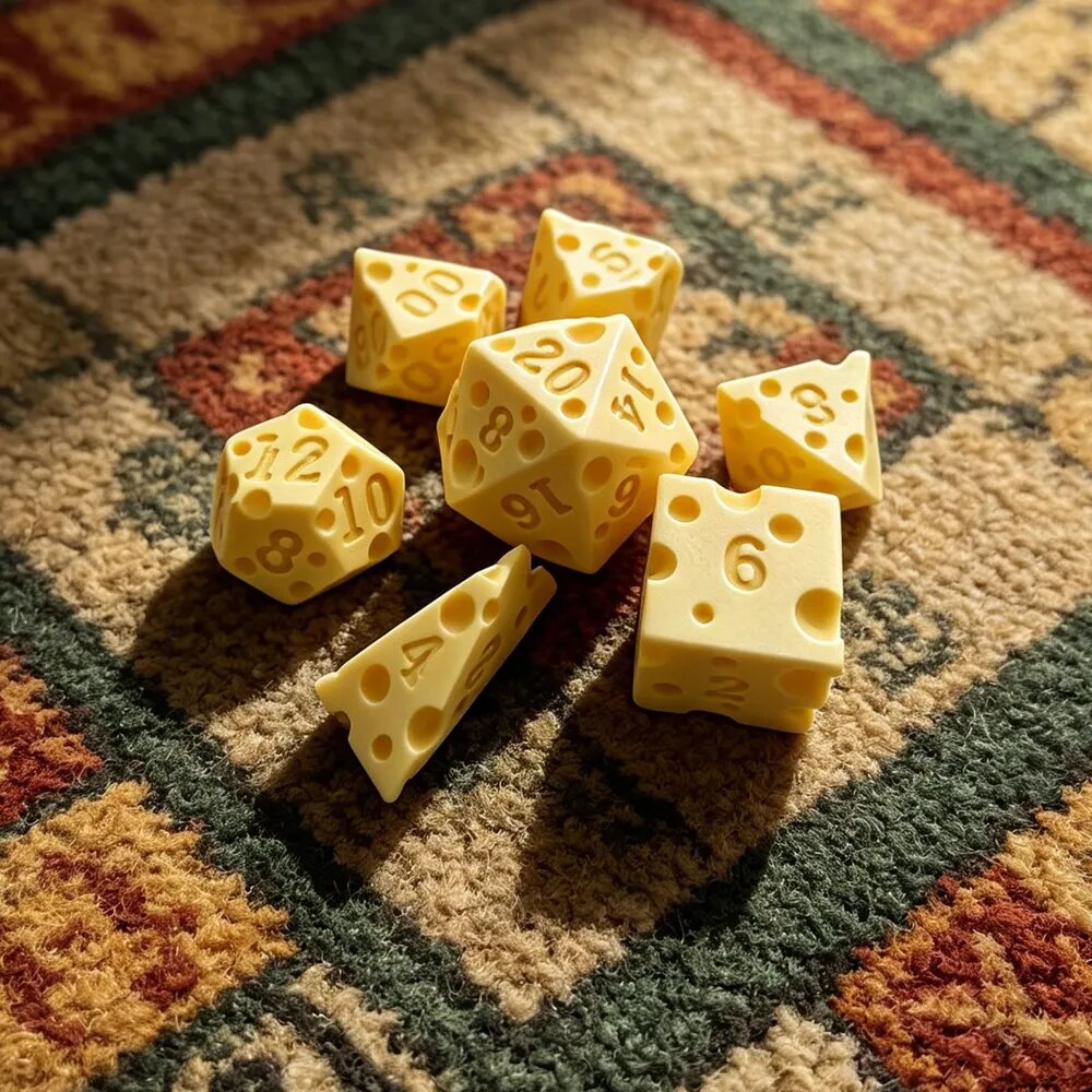 Сырные кубики для настольных игр набор из 7 штук (D4, D6, D8, D10, D00, D12, D20) с рельефным узором