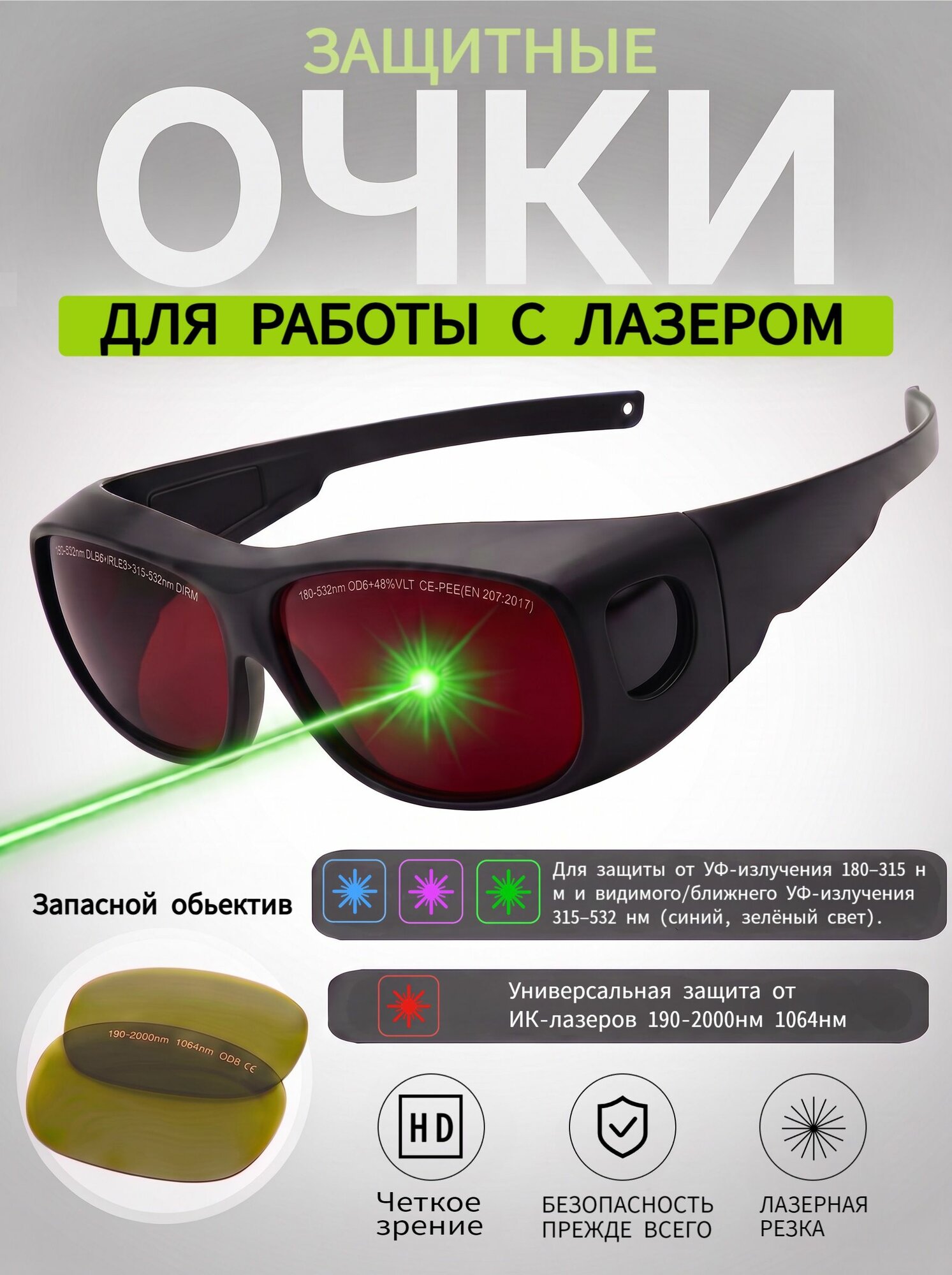 Защитные очки от лазера 180-532нм и 1064нм, OD6+/OD8, ударопрочные, для лазерной резки и IPL, в комплекте запасной объектив