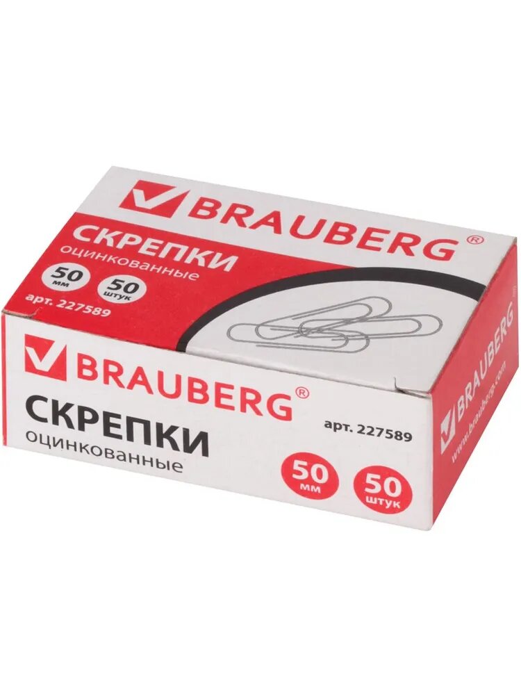 Скрепки 50 мм 50 шт Brauberg, большие, оцинкованные, серебристые