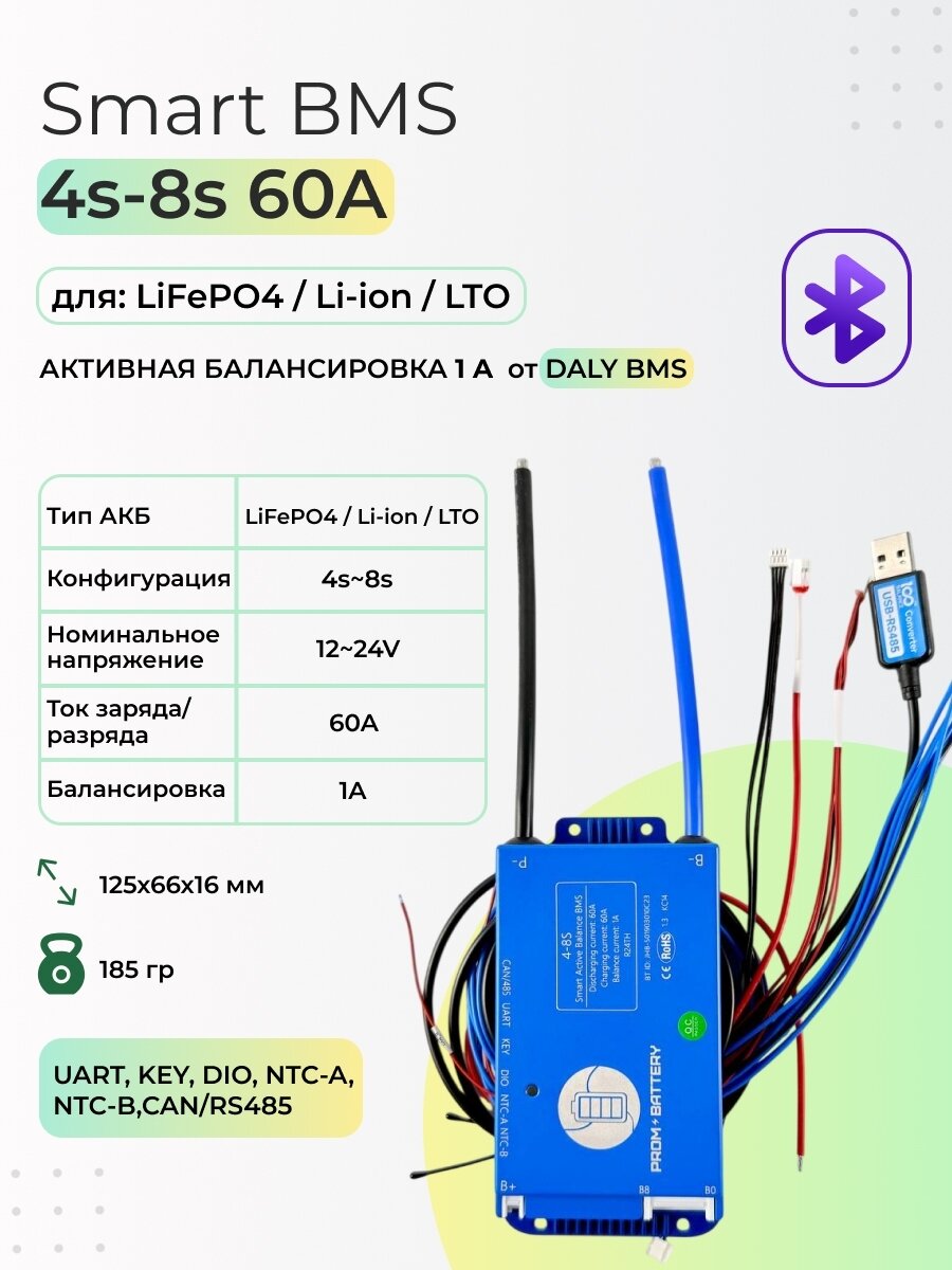 Плата Смарт БМС (Smart BMS) DALY 4s-8s 60A для LiFePo4/Li-ion/LTO с балансиром 1А