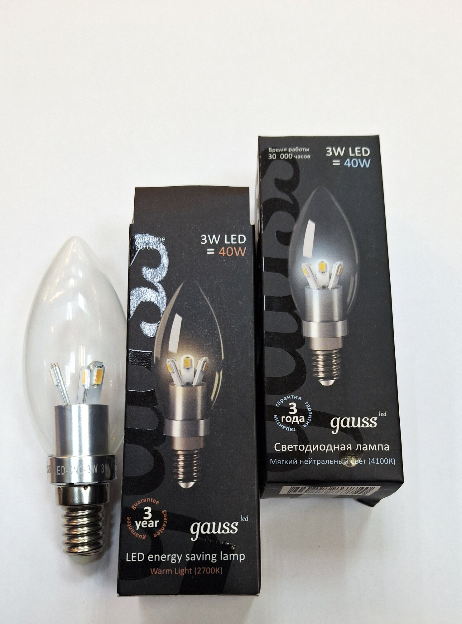 Лампа светодиодная GAUSS led 3вт (40вт) e14 2700k свеча, прозрачная, теплый (уп.2 шт.) HA103201103
