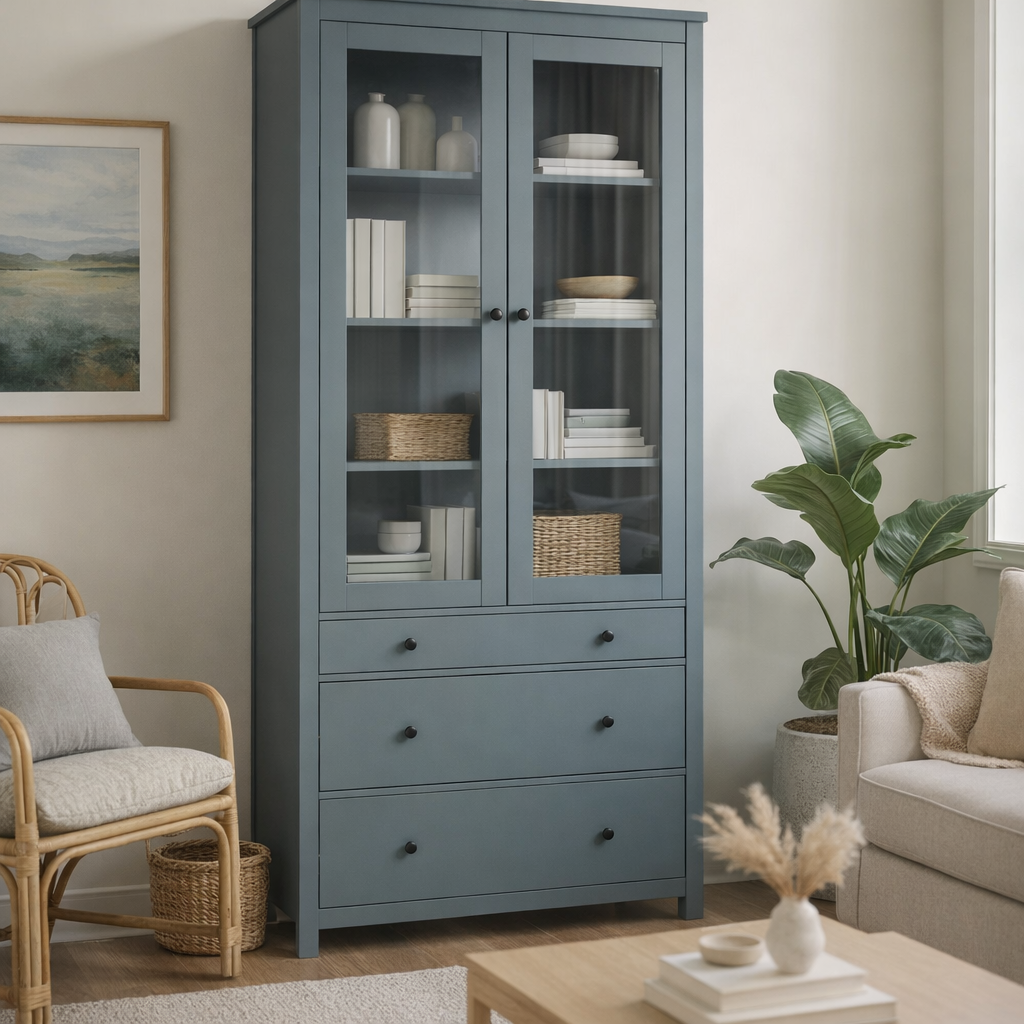 Шкаф икеа Сага, с витриной, цвет темно-бирюзовый, 90x41x215см