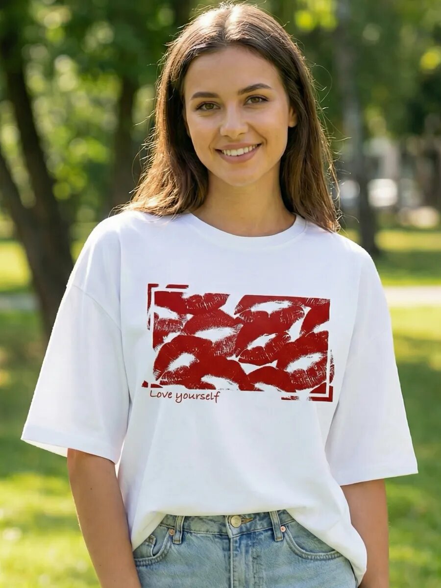 Футболка Люби себя, белая, хлопок 160гр. (Футболка Поцелуи)