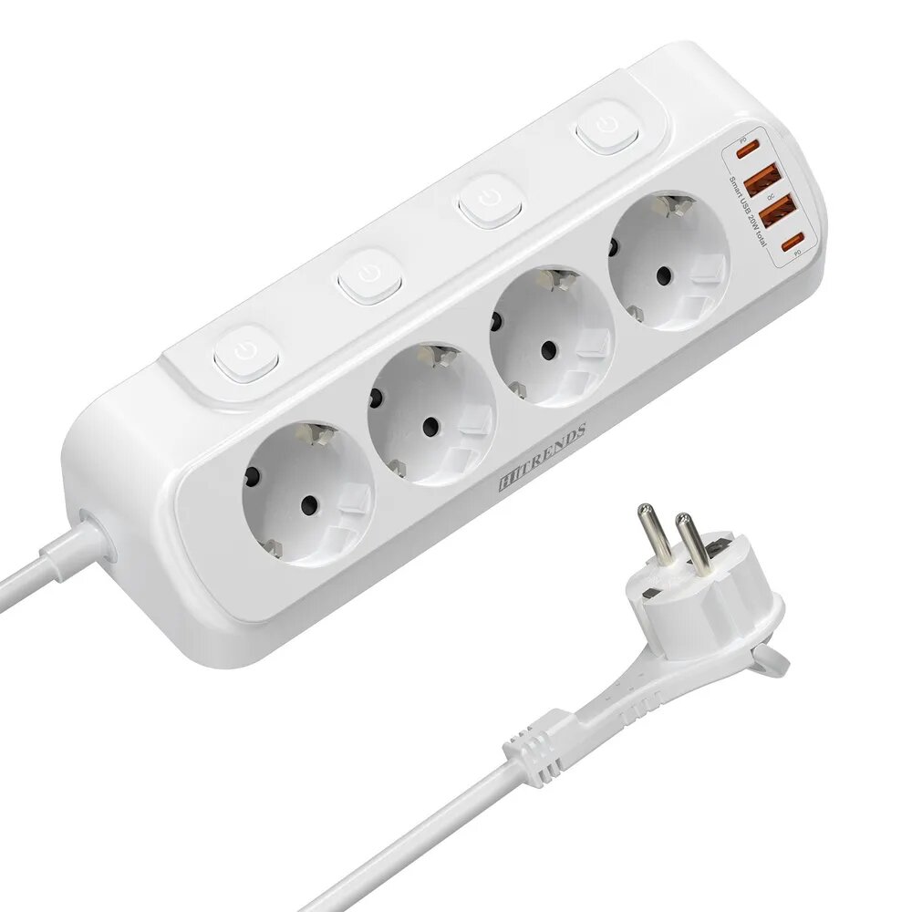 HITRENDS Удлинитель с 4 розетками и 2 USB + 2 Type-C (быстрая зарядка), выключатели, защита от перегрузки, 4000W 16A 250V, огнестойкий, кабель 2 м с петлей
